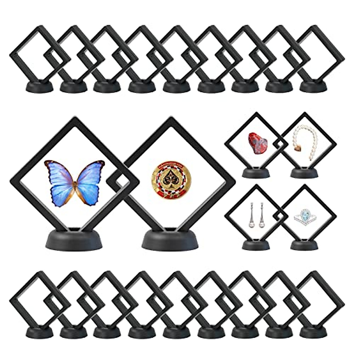 Msoesticc.dl 24Pcs 3D Floating Display Case, Transparent PE Film Jewelry Storage Box for Ring Earring Necklace Bracelet - Dustproof & Portable (3.5 x 3.5 x 0.8 Inches)