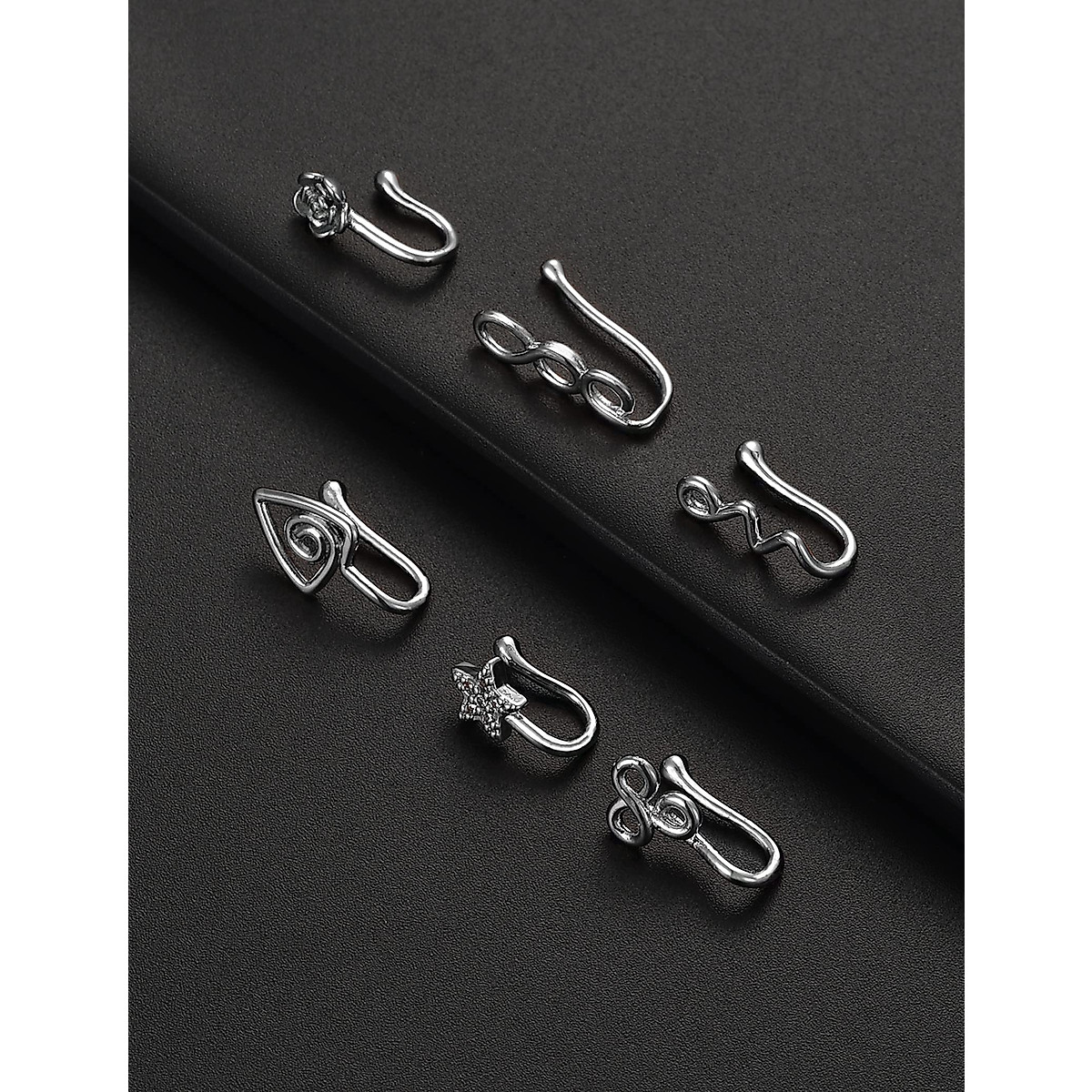 Akeoqi 16-24Pcs African Faux Nose Cuff Non Piercing Inlaid Cubic Zirconia Clip on Nose Ring Star flower Leaf Heart Shape Nose Ring Fake Nose Cuff for Women Silver Gold Rose Gold Tone