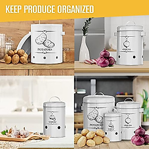 Houseables Potato Storage, Onion Bin, Garlic Container, 6"x4", 10"x9", 9"x6", Set of 3, Metal, White, Vegetable Keeper, Potatoes Basket, Kitchen Pantry Canister, Countertop Veggie Holder, Rustic
