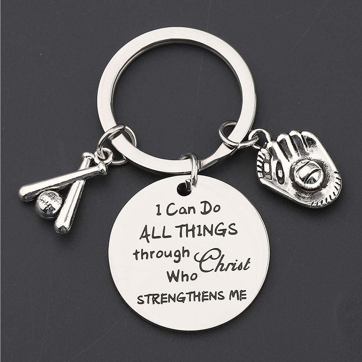 LQRI Baseball Keychain Baseball Player Gift Baseball Coach Gift I Can Do All Things Through Christ Who Strengthens Me Keychain Baseball Jewelry Softball Jewelry Gift (sliver)