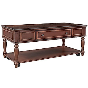 AOCOROE Large Wood Coffee Table with Lockable Casters French Country Style Coffee Table with Drawers. 47 Inch Center Table for Living Room