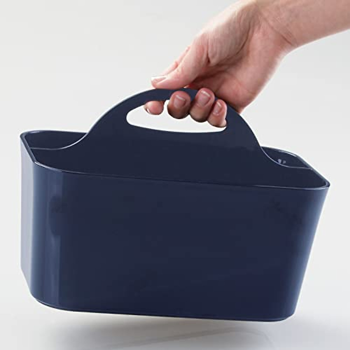 mDesign Small Plastic Shower/Bath Storage Organizer Caddy Tote with Handle for Dorm, Shelf, Cabinet - Hold Soap, Shampoo, Conditioner, Combs, Brushes, Lumiere Collection, Navy Blue