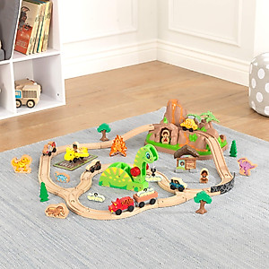 KidKraft Dinosaur Bucket Top Portable Wooden Train Set with 56 Pieces and 9 Feet of Track, Gift for Ages 3+