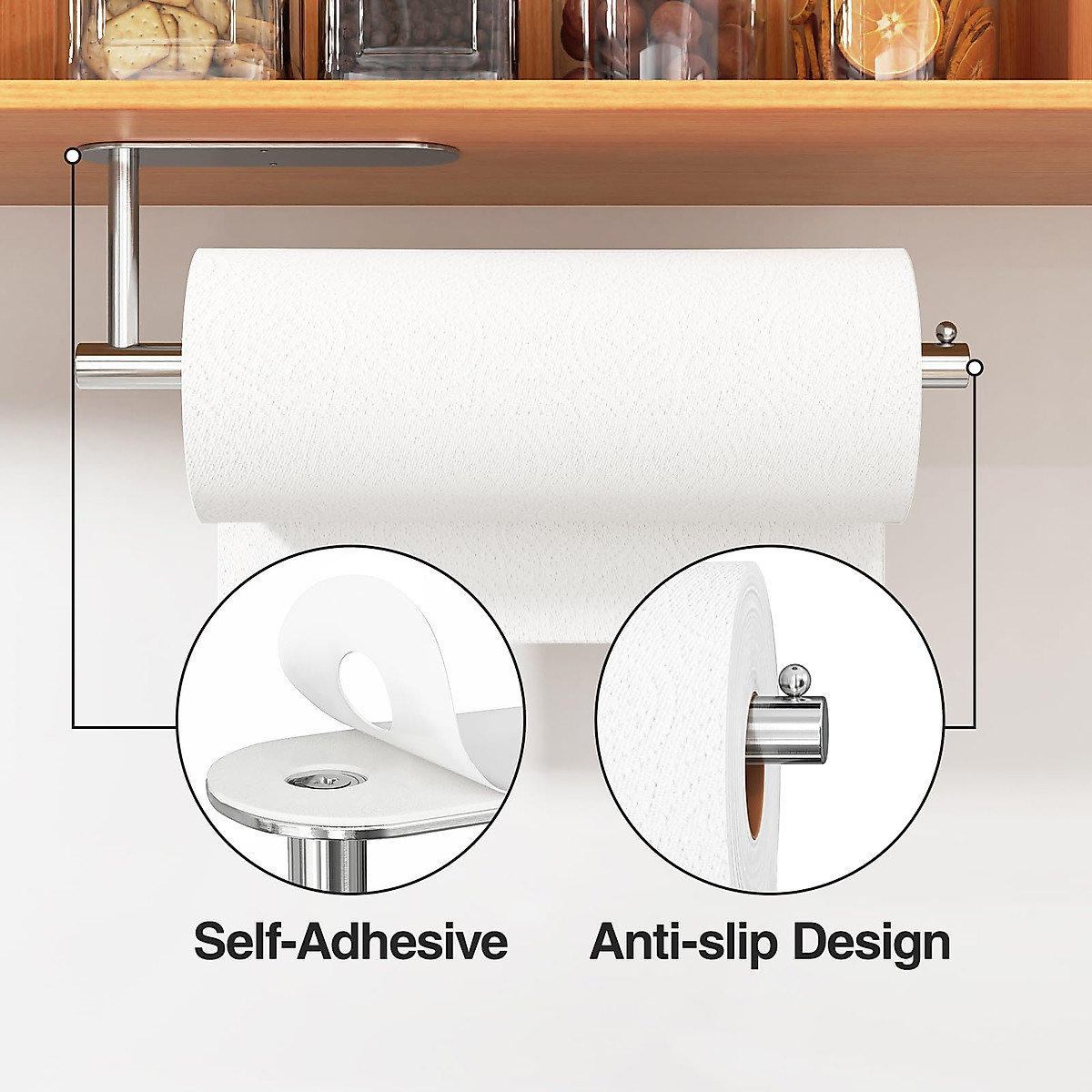 Paper Towel Holder - Self-Adhesive or Drilling Paper Towel Hanging Under Cabinet Wall Mount for Kitchen, Bathroom, Pantry, Sink Storage and Organization, Stainless Steel Black Paper Towel Holder