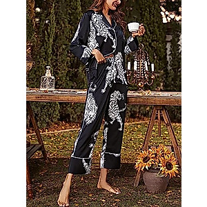 Brosloth Women's Silk Satin Pajamas Pjs Sets Cute Tiger Pattern Two Piece Loungewear Set Button Up Pajamas Sleepwear Black M