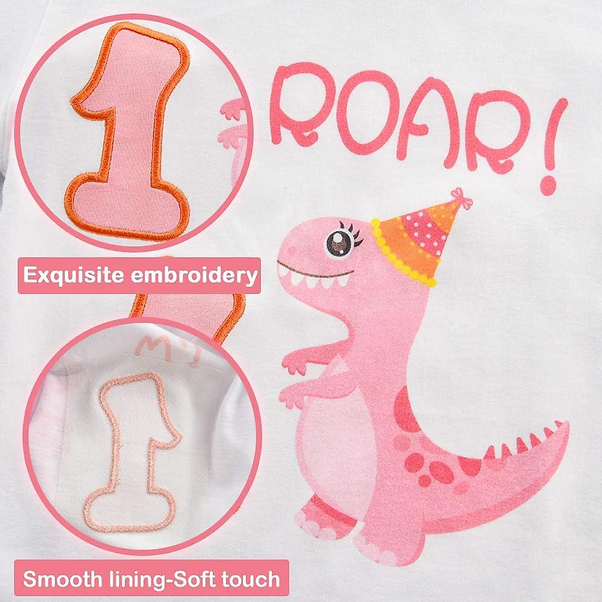 1st Birthday Girl T-Shirt Dinosaur Party B-Day Themed Tee Gift for Baby Dino First Birthday T Shirt Cotton Short Sleeve T-Rex Printed Embroidery Graphic Top Clothes (White, 1T)
