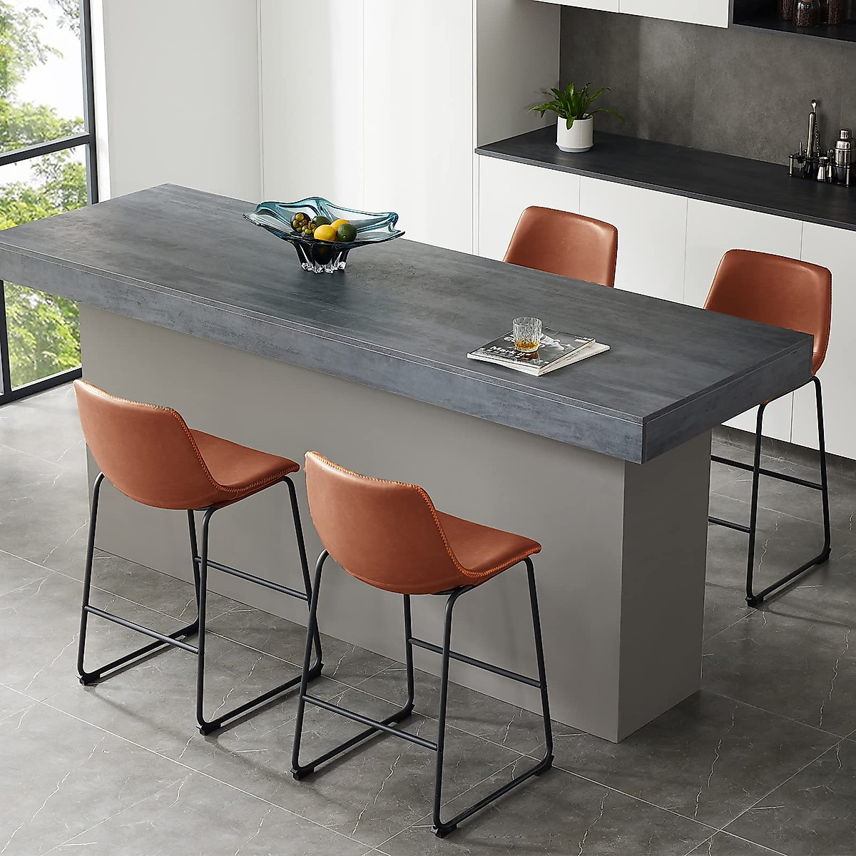 Sweetcrispy Counter Height Bar Stools Set of 2, Modern Counter Stool Faux Leather Barstools with Back, 26 inch Seat Height Island Stools Countertop Comfortable Brown Bar Chairs with Metal Legs