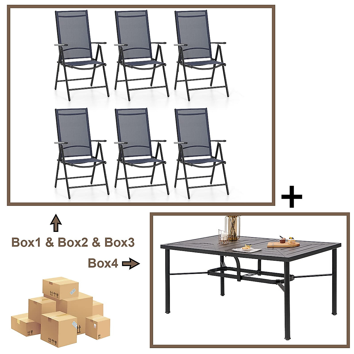 Sophia & William 7 Pieces Patio Dining Set, Outdoor Patio Furniture Set with Metal Patio Table and 6 Pcs Folding High Back Textilene Patio Sling Chairs, 1.77" Umbrella Hole, Blue