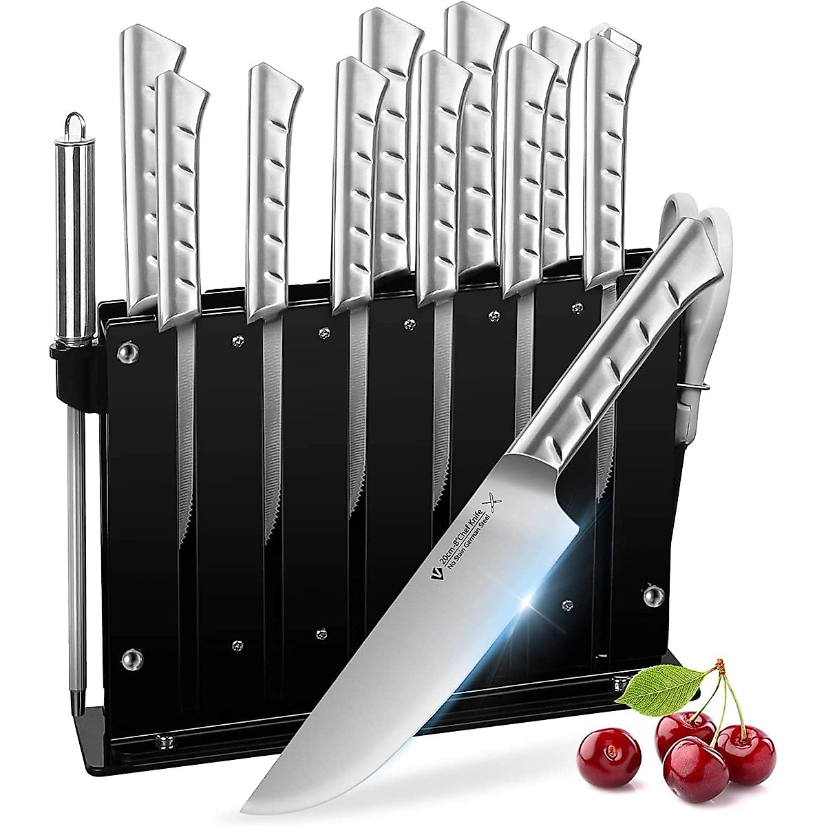 Block Knife Set, 15 PCS German Stainless Steel Sharp Kitchen Knives with Black Acrylic Stand, Professional Chef Knife Set with Steak Knives, Sharpener and Scissors
