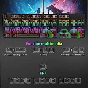eboxer-1 Gaming Keyboard, USB Wired Keyboard with RGB Rainbow Backlit, 104 Keys Spanish Keyboard with Ñ and Blue Switch, Mechanical Keyboard for Desktop Notebook