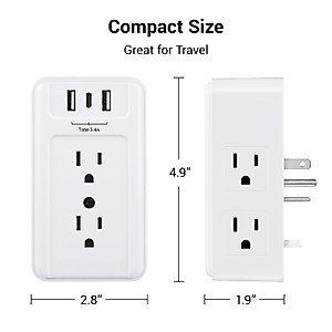 Clear Power Multi Plug Outlet Extender, 6-Outlet Splitter with 3 USB Ports (1x USB-C), 3-Sided Power Strip USB Wall Charger for Home & Office, White, DC3S-1006-DC