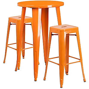 Flash Furniture Commercial Grade 24" Round Orange Metal Indoor-Outdoor Bar Table Set with 2 Square Seat Backless Stools