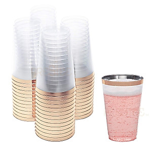Prestee Rose Gold Rim Plastic Cups, 14 oz. 50 Pack, Hard Clear Plastic Cups, Disposable Party Cups, Fancy Wedding Tumblers, Elegant Decoration Cups, Plastic Tumblers Bulk