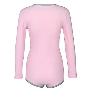 Roselux Women's Sexy Deep V Neck Shorts Long Sleeve Knitted One Piece Bodysuit Bodycon Rompers Overall (598#Pink-2,M)