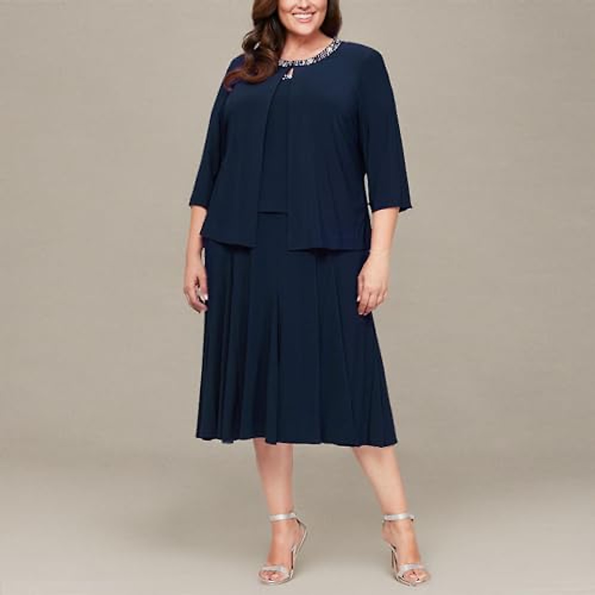 Alex Evenings womens Plus-size Tea Length Jacket With Sequin Beaded Trim Special Occasion Dress, Navy, 16 Plus
