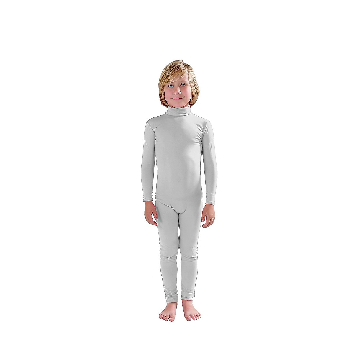 Full Bodysuit Kids Dancewear Without Gloves and Socks Solid Color Spandex Zentai Child Unitard (L, White)