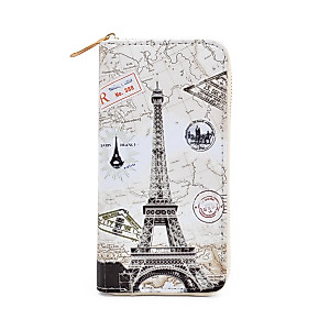 Eiffel Tower & Map Print PU Leather Continental Zip Around Wallet, Large