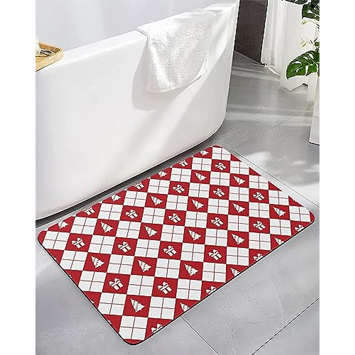EZON-CH Bath Rugs, Quick Dry Indoor/Outdoor Rug Mat, Gift Diamond Christmas Elements Tile Pattern Rubber Non-Slip Absorbent Thin Doormat for Bathroom, Bedroom, Front Door, Kitchen 16"x24"