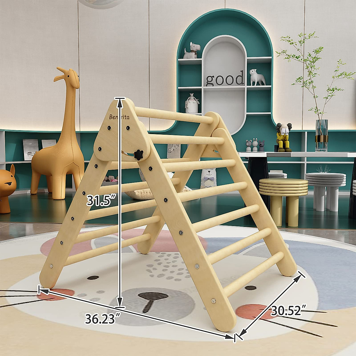 Benarita Large Size Pikler Triangle Foldable Wooden Climbing Triangle Ladder for Climbing Indoor Kids Play Gym Easy to Store Suitable for Toddlers Children Boys Girls