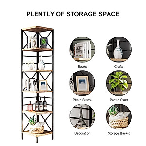 Buytime Corner Bookshelf, Corner Bookshelf for Living Room. 6-Tier Rustic Wooden Corner Bookshelf with Metal Frame, Corner Book Shelf, Tall Corner Shelf, Metal Corner Shelf