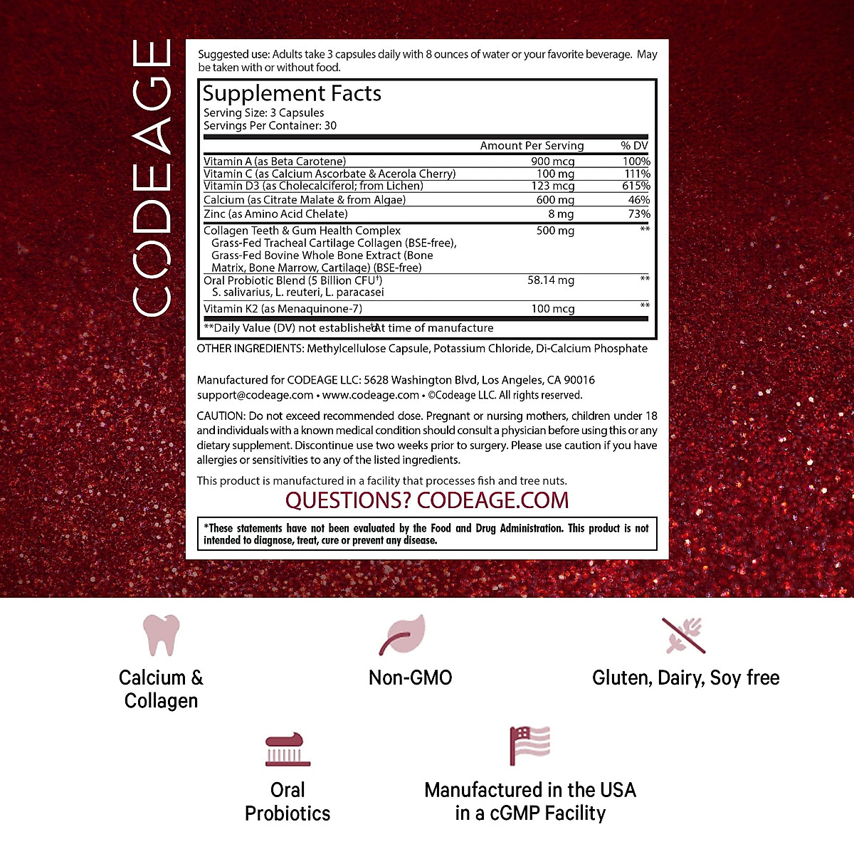 Codeage Teeth & Gums Vitamins + Oral Probiotics Supplement for Mouth - Whole Food Calcium, Collagen, Potassium, Vitamin C, D3, K2, Zinc – Oral Care & Dental Multivitamin Supplements - 90 Capsules