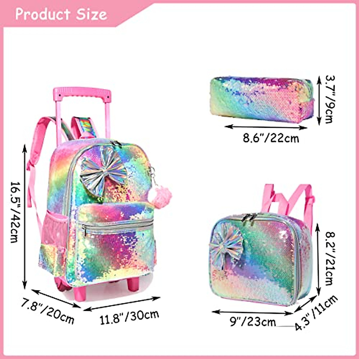 Oruiji Sequin Rolling Backpack for Girls Backpack with Wheels Wheeled Backpack and Lunch Bag Set for Elementary Girls