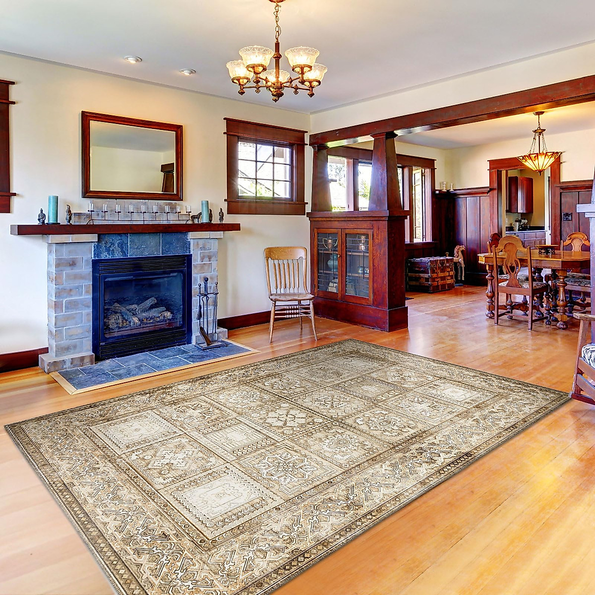 DECOMALL ALYTA Washable Area Rugs, Vintage Non-Slip Carpet for Living Room Bedroom Sitting Room Family Room, Beige 7’6”x9’6”