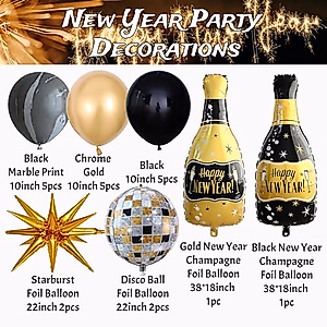 Enanal New Year Decoration, 2024 New Year Eve Black and Gold Foil Fringe Backdrop,Happy New Year Banner,Disco Ball Champagne Exploding Star Foil Balloons,Latex Balloons and Glasses