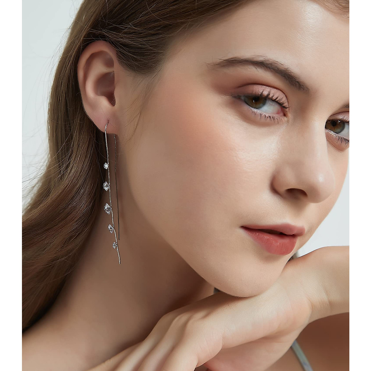 Threader Dangle Earring Long Chain Twist Curved Tassel Earring Star Butterfly Cubic Zirconia Gold Silver Drop Earring for Women Girl (Threader Earring-A)