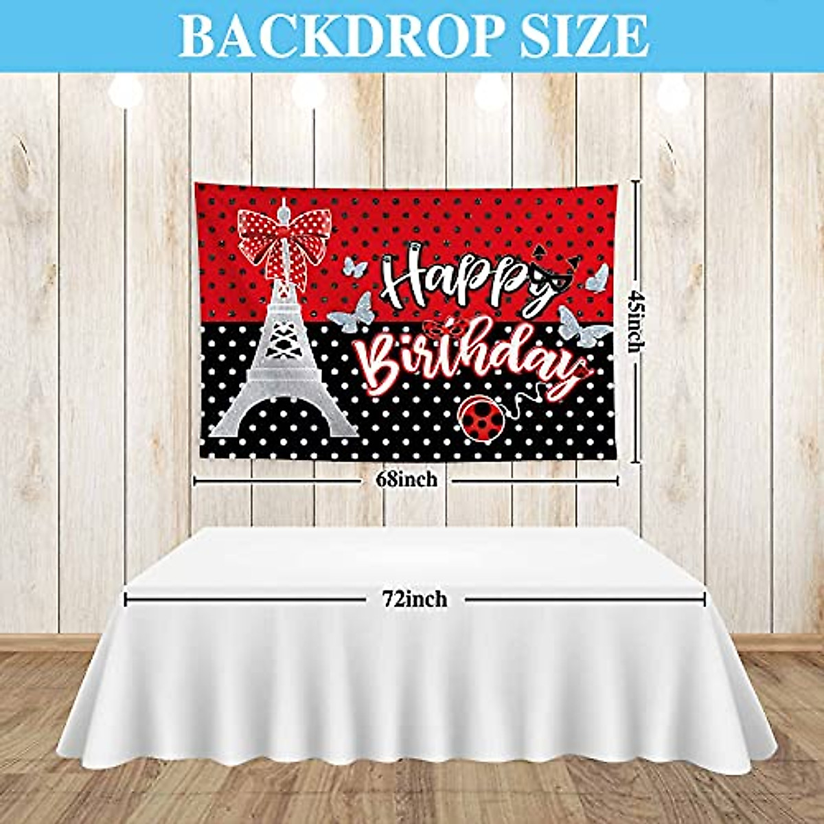 Allenjoy 68" x 45" Ladybug Birthday Backdrop Red and Black Glitter Party Supplies Decorations Photoshoot Baby Girls Kids Bday Banner Eiffel Tower Bow Decor Background Photo Booth Props