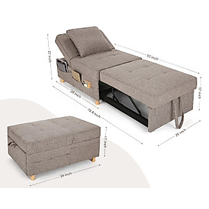 SEJOV Sleeper Sofa Chair Bed,4-in-1 Convertible Sofa Bed Chair with 6 Adjustable Backrest and Pillow, 3-Seat Pull Out Sleeper Chair Linen No Backrest for Bedroom Small Space Living Room, Grey Brown