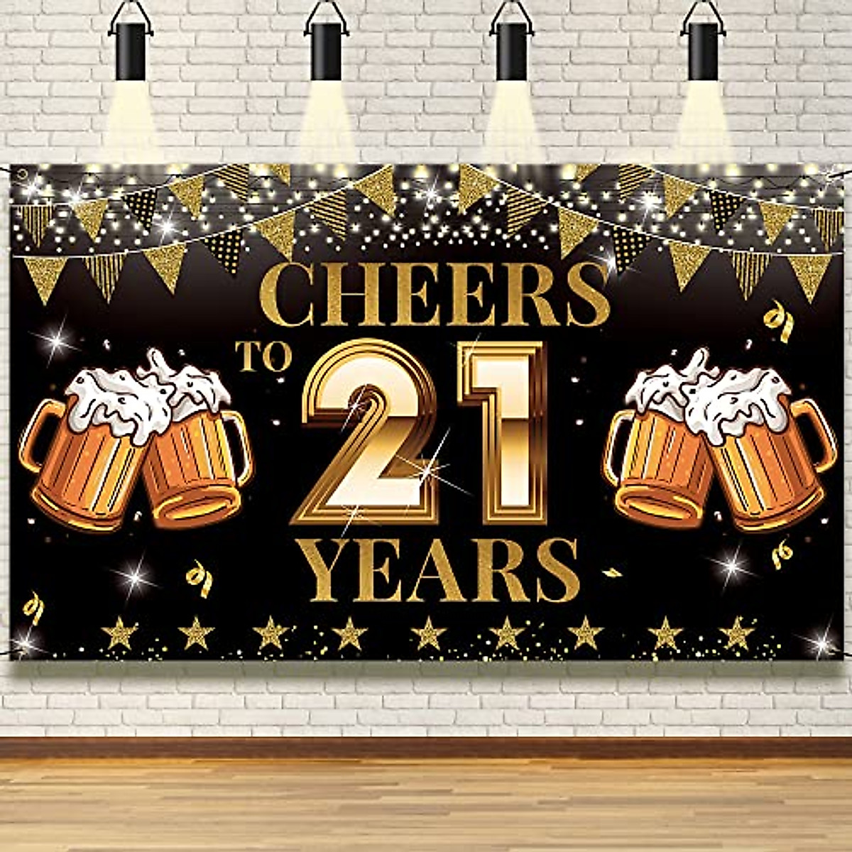 21st Birthday Decorations for Him Her, Cheers to 21 Years Birthday Backdrop Banner, Black Gold 21 Birthday Party Photo Props, 21 Birthday Yard Sign Poster Supplies for Outdoor Indoor, Fabric Vicycaty