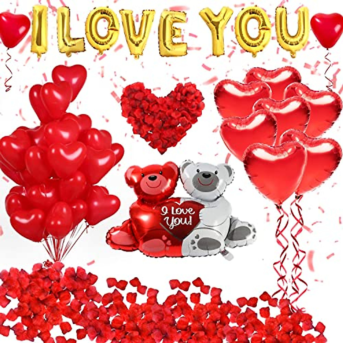 Golray 40 Pack I Love You Balloons and Heart Balloons Kit with 1000 Pcs Dark-Red Silk Rose Petals Wedding Flower Decoration Love-Bear Red Heart Balloons for Valentine Day Party Decorations