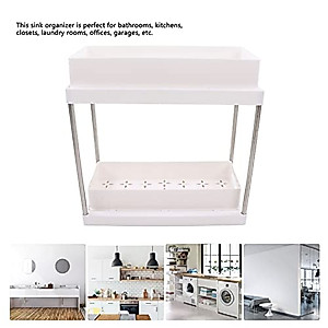Asixxsix Under Sink Organizer, 2 Tier Under Sink Organizers and Storage, ABS Material Multi Purpose Slide Out Under Sink Storage Organizer with Hooks for Bathroom Kitchen Drawer (White)