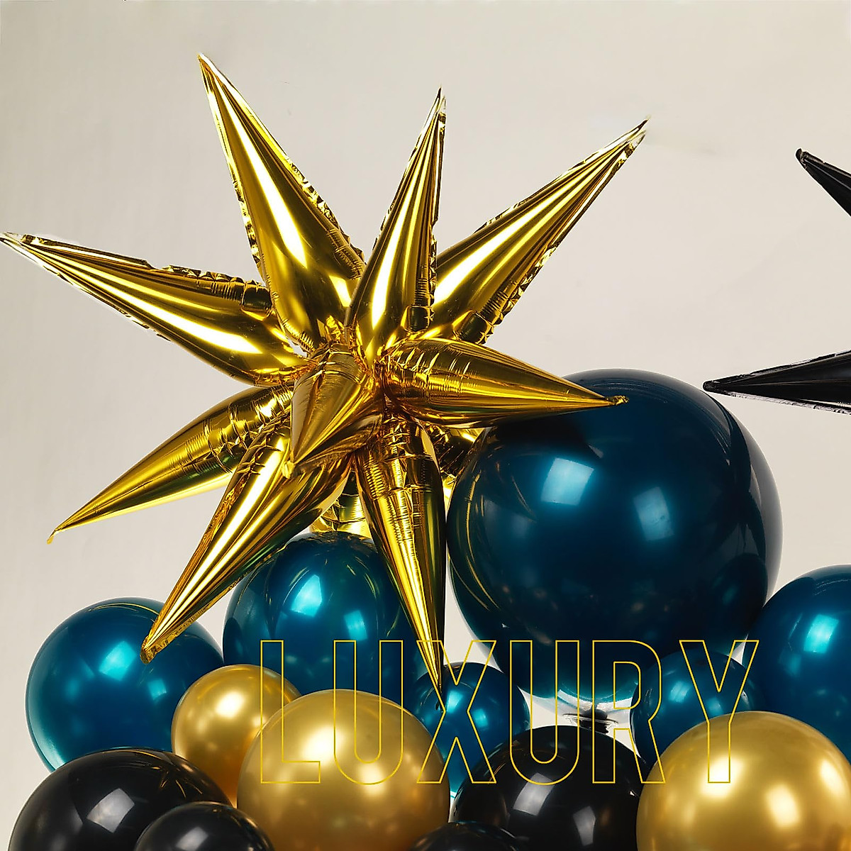 Chrome dark Teal and gold black Balloon Garland Kit 170Pcs Double-Stuffed Navy Teal Blue With Starburst Balloons for Birthday anniversary Baby Shower 2024 graduation prom Luxury shop decorations