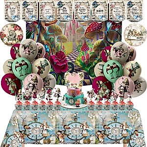 Nelton Party Supplies For Vintage Alice Includes Cake Topper, 24 Cupcake Toppers, 20 Latex Balloons, Happy Birthday Backdrop, 1 Table Cloth , 1 Banner, 2 Paper Clocks