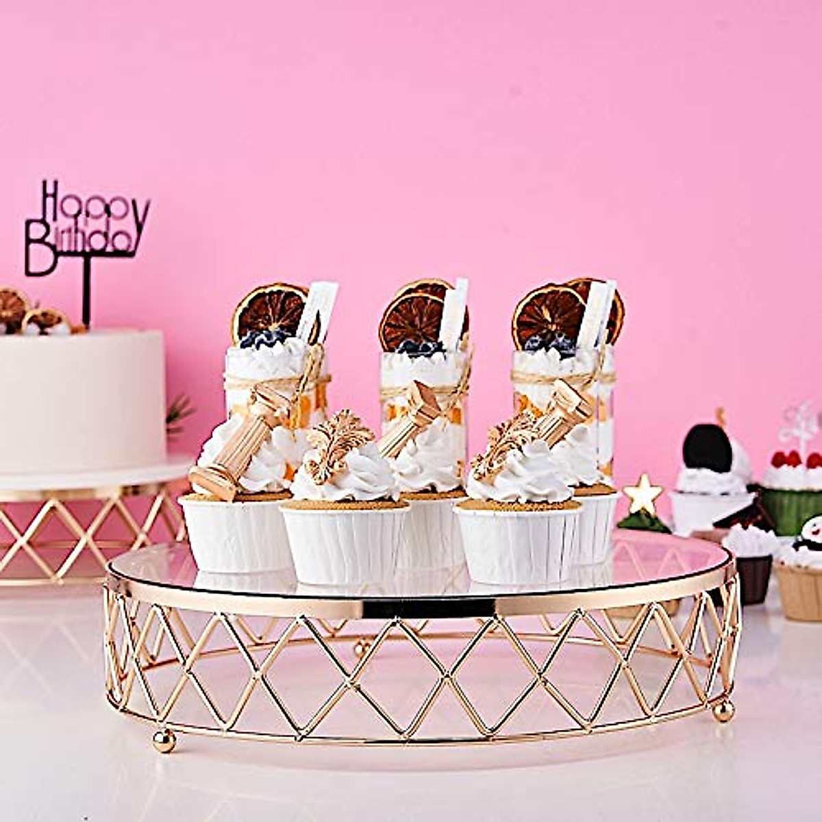 BalsaCircle Gold Clear 14-Inch Round Metal Glass Geometric Cake Stand - Wedding Birthday Party Dessert Pedestal Display Decorations