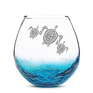 Valentines Day Gifts for Mother Father, Tribal Sea Turtles Handmade Engraved Crackle Turquoise Wine Glass, Gifts for Turtle Lovers Women