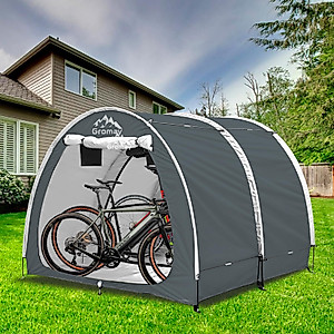 Gromay Outdoor Bike Storage Shed Tent, 10x7.3FT Large 2 in 1 Bicycle Cover Double Doors Portable Motorcycle Tent PU4000 Waterproof 3 Layers Silver Coated Oxford Cover Foldable Garden Tools Shelter