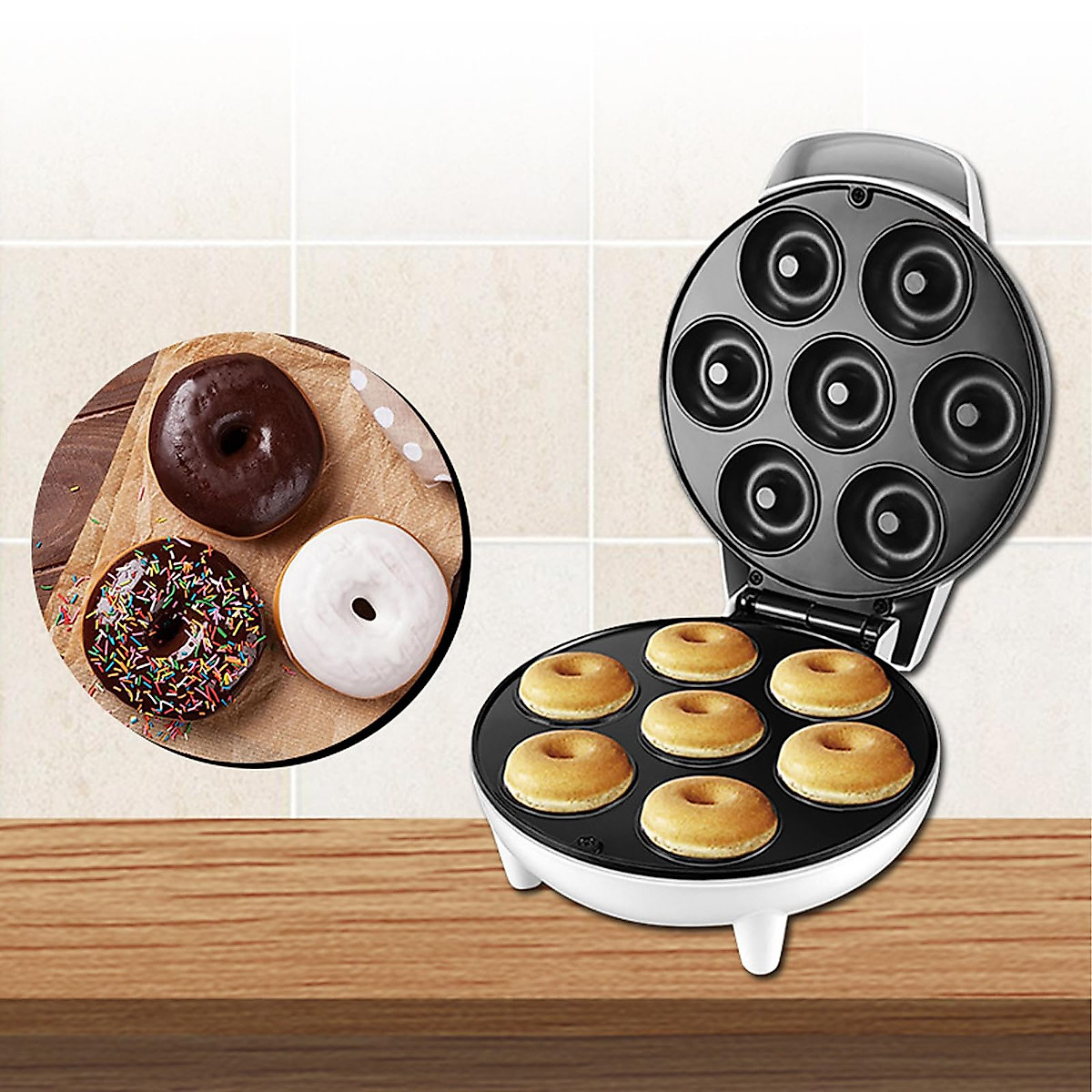 Mini Donut Maker, Non-Stick Donut Maker Machine for Makes 7 Doughnuts, Kid-Friendly Breakfast, Snacks, Donut Print Desserts & More for Home and Travel Use