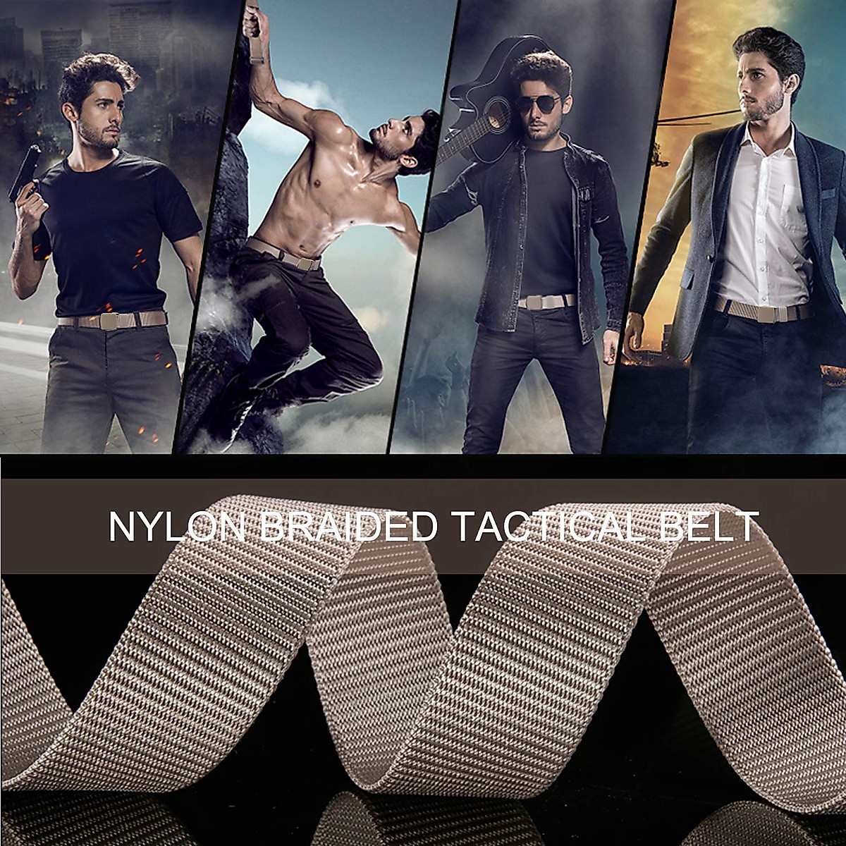 Coobbar 3-Pack Belt Web Nylon Canvas Belt Plastic Buckle Belt Travel Adjustable Nylon Web Slide Belt Web Belts for Men(Khaki)