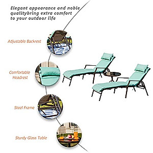 LOKATSE HOME 3 Pieces Outdoor Patio Chaise Lounges Chairs Set Adjustable with Folding Table, Light Blue Cushions