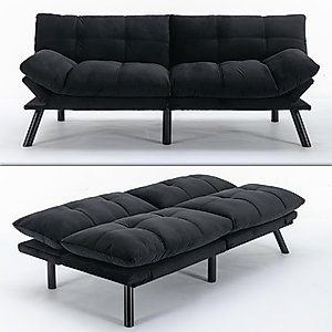 71" Velvet Futon Couch Bed with Mattress Included,Convertible Folding Sleeper Sofa Bed with Adjustable Backrests,Modern Loveseat Sleeper for Living Room Bedroom Small Space Home Office (Black-1)