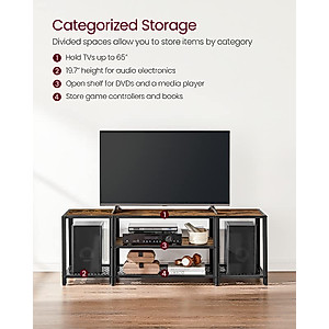 VASAGLE Modern TV Stand for TVs up to 65 Inches, 3-Tier Entertainment Center, Industrial TV Console Table with Open Storage Shelves, for Living Room, Bedroom, Rustic Brown and Black ULTV097B01