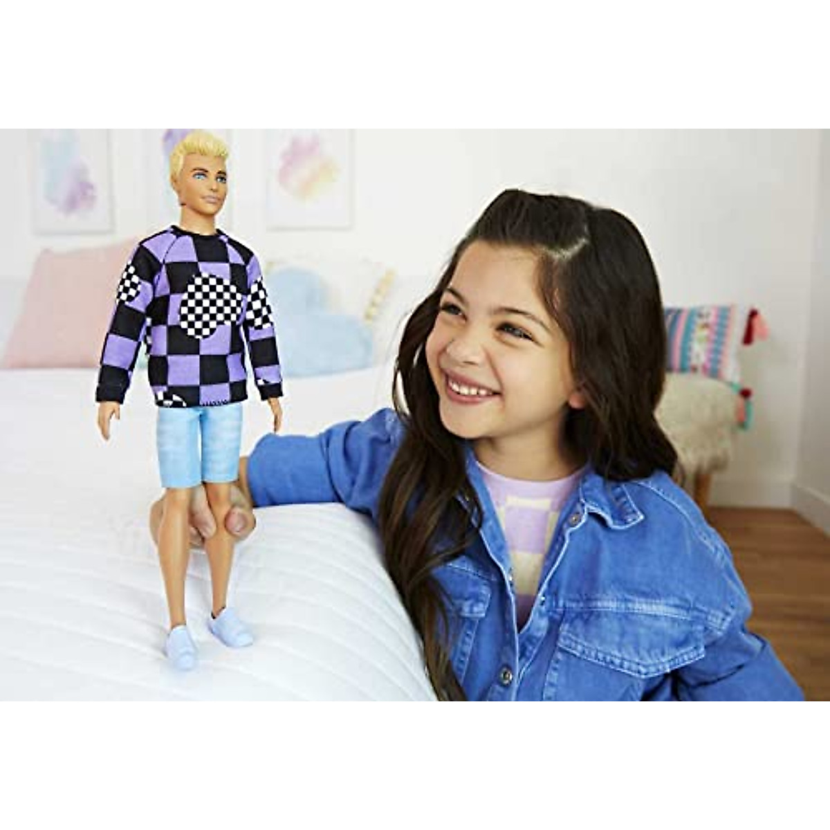 Barbie Fashionistas Ken Fashion Doll #191 with Blonde Cropped Hair in Checkered Sweater, Denim Shorts & White Sneakers