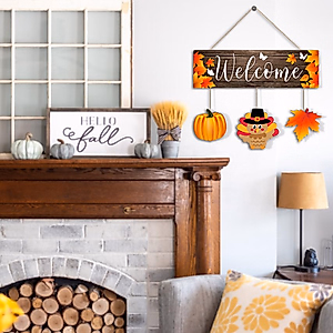 Thanksgiving Door Sign,Thanksgiving Turkey Hanger for Front Door,Fall Turkey Pumpkin Welcome Hanging Decorations, Thanksgiving Day Autumn Wooden Wreath Wood Plaque for Fall Harvest Party Decor