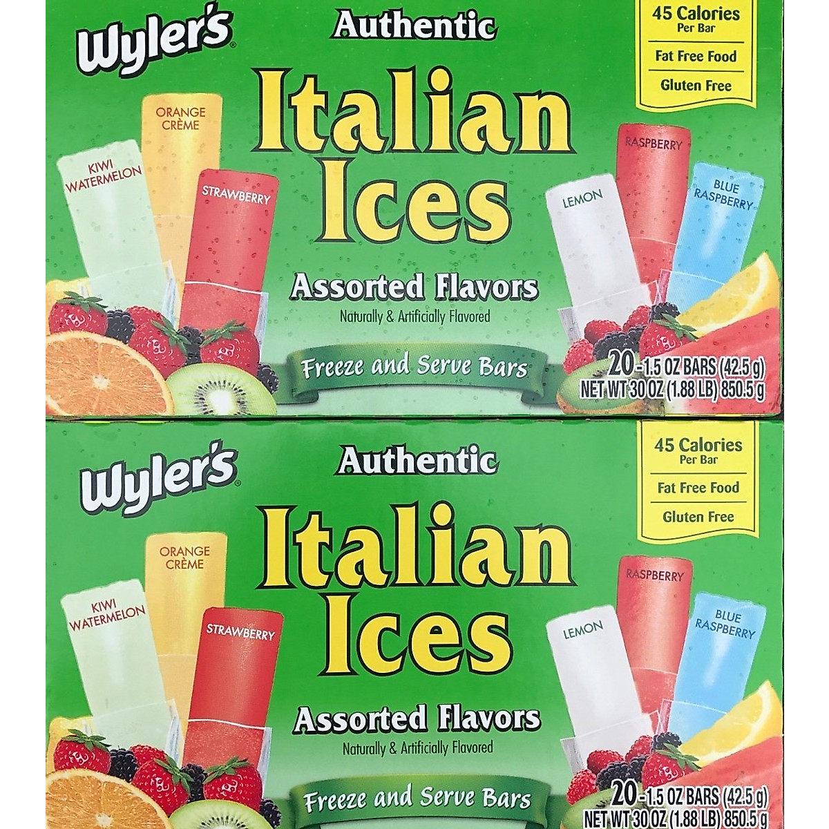Wylers Authentic Italian Ices Original Flavors(2 Pack) ((40) 1.5oz pops (2/20ct boxes))