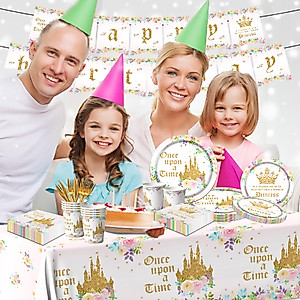 Dydamud Princess Castle Birthday Party Decoration, Once Upon a Time Pink Floral Tableware Include Princess Party Plates and Napkin Sets for Girls Birthday Party, Baby Shower