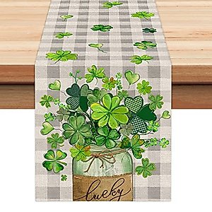 ARKENY St Patricks Day Lucky Green Shamrock Table Runner 72 Inches, Vase Buffalo Plaid Spring Seasonal Holiday Decor for Dining Table Indoor Home Farmhouse Tabletop Decoration AT387