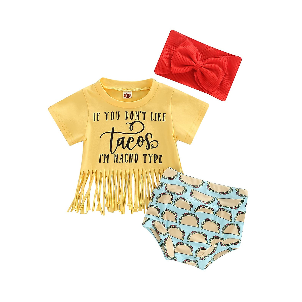 Newborn Infant Baby Girl Outfit 3pcs Letter Print Western Clothes Sets Short Sleeve Tassel T-Shirts Shorts (Yellow, 0-6 Months)